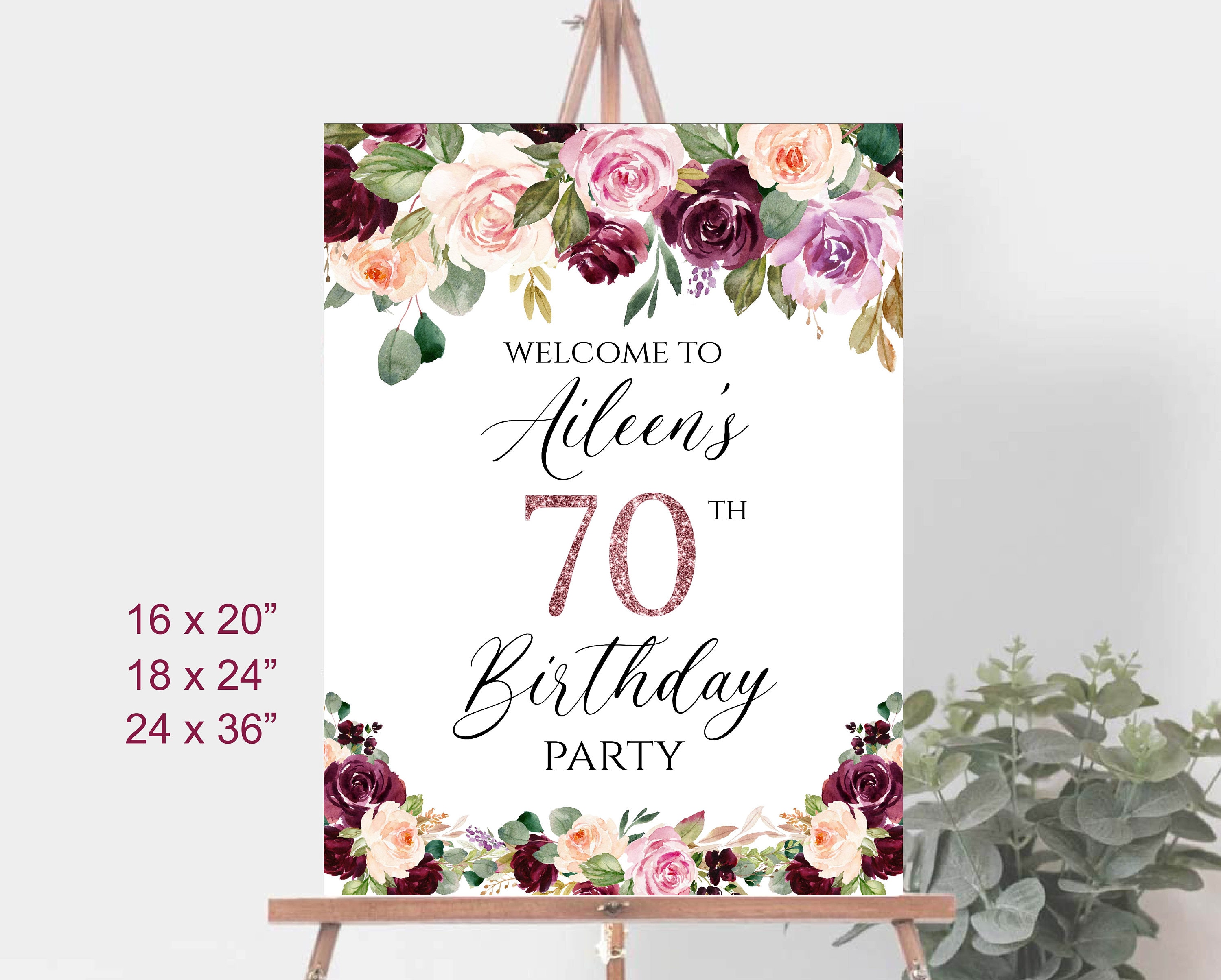 Birthday Welcome Sign, Burgundy Floral Personalized 70th Birthday ...
