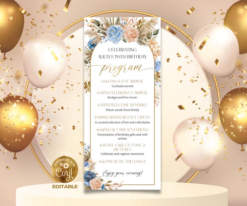 Editable Birthday Program Card Template, Dinner Party Itinerary Agenda ...