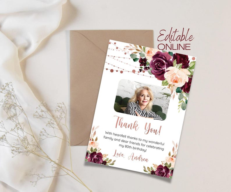 Editable Birthday Thank You Card With Photo, Any Age Rose Gold Floral ...
