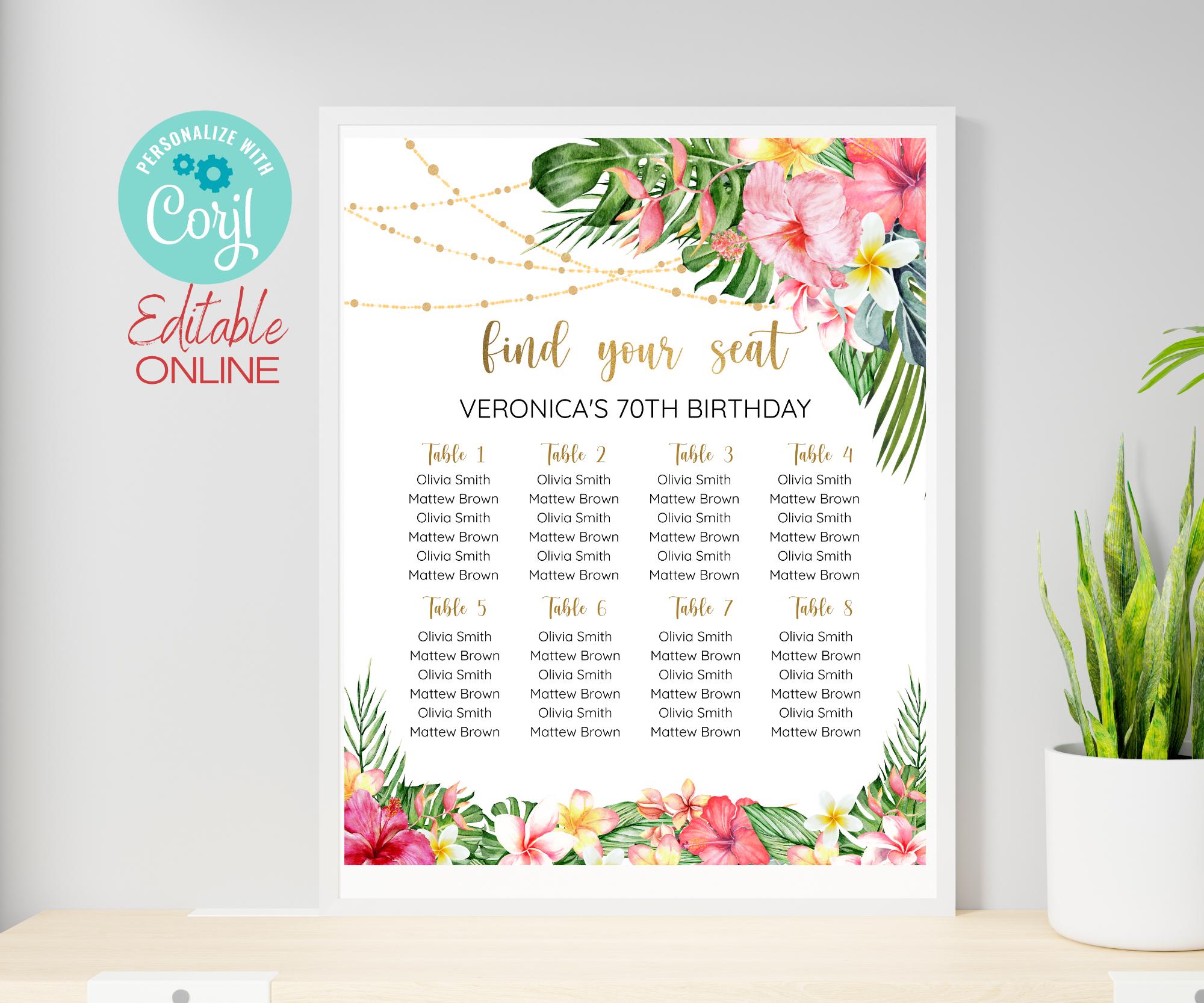 Editable Hawaiian Theme Birthday Seating Chart Template, Luau Birthday ...