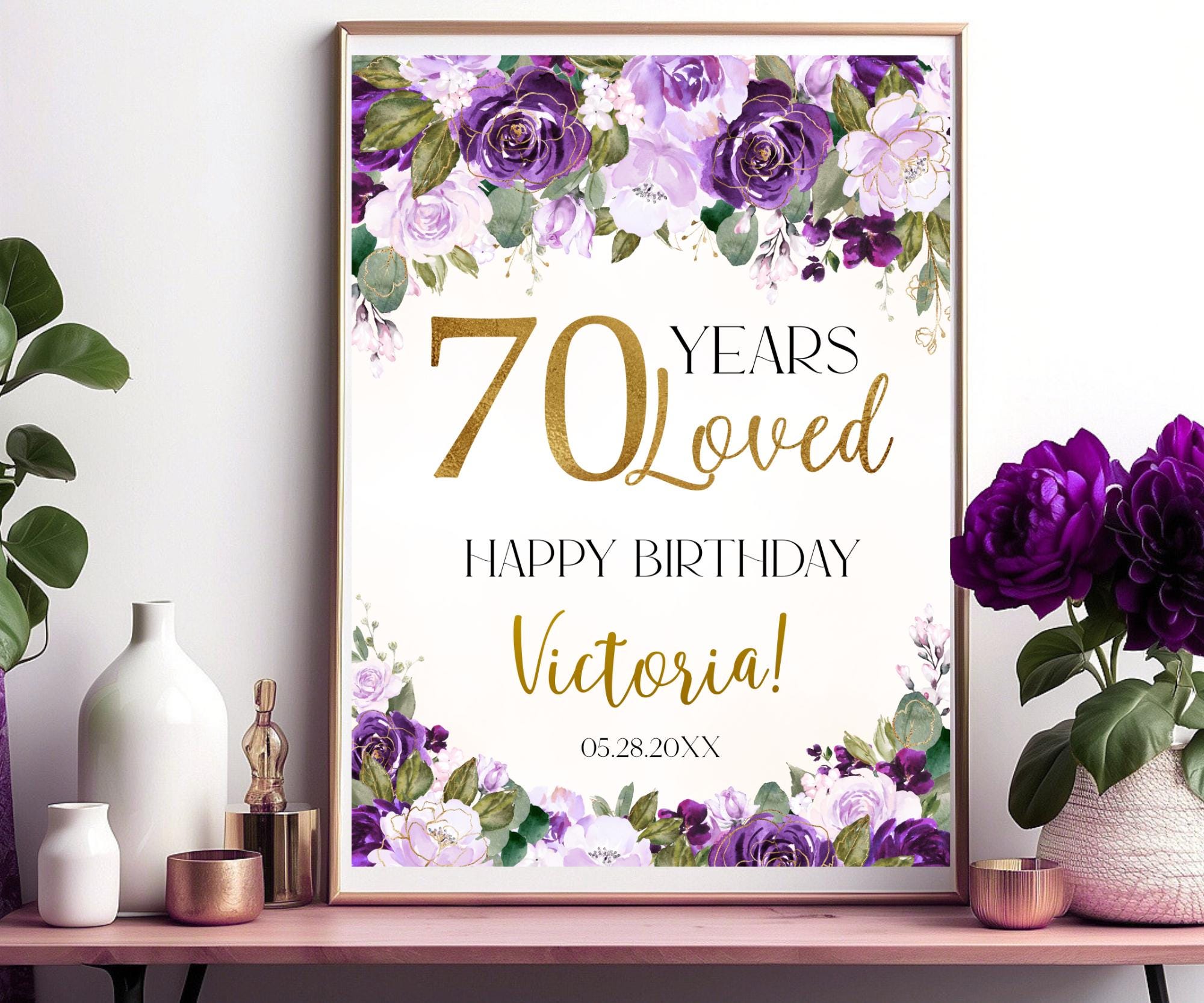 70 Years Loved, 70th Birthday Party Welcome Sign Printable, Purple ...