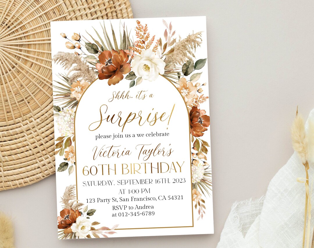 60th Surprise Birthday Invitation for Women, Boho Floral Birthday Party ...