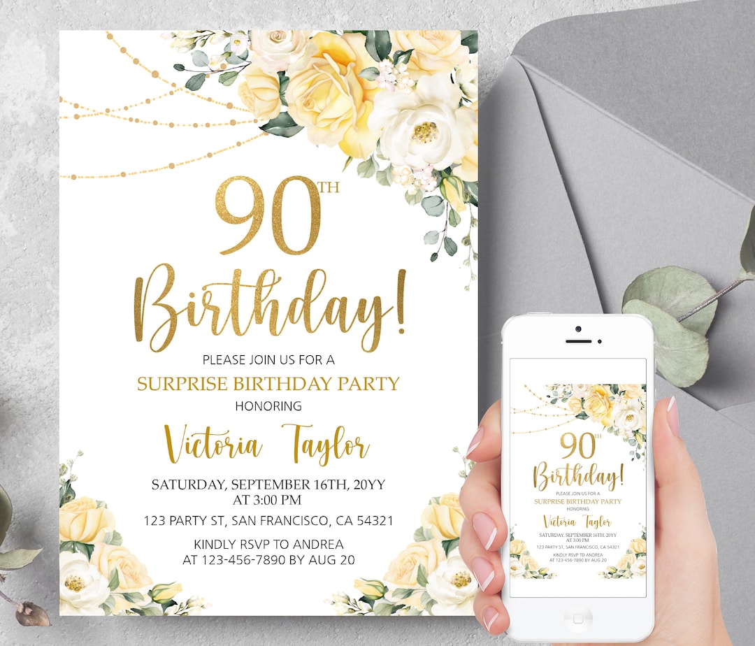 90th Birthday Invitation for Women Editable Template, Floral Surprise ...