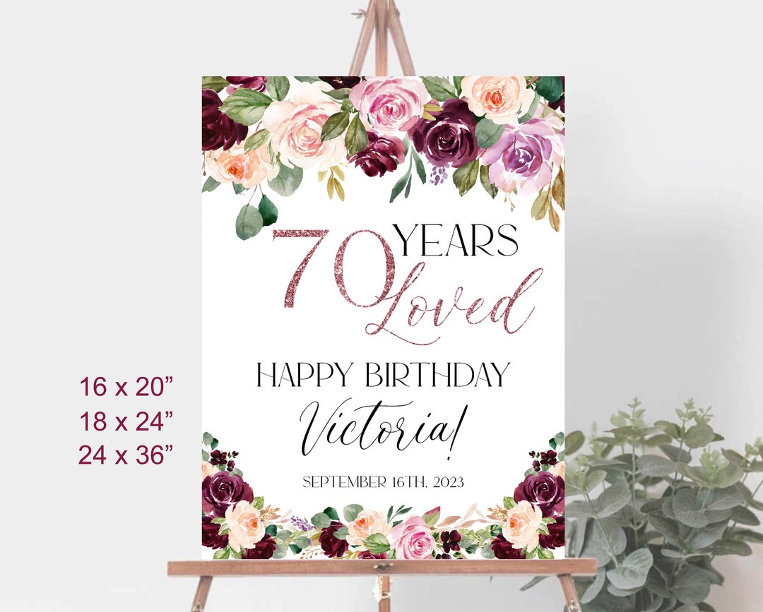 70 Years Loved, 70th Birthday Party Welcome Sign Printable, Pink Floral ...
