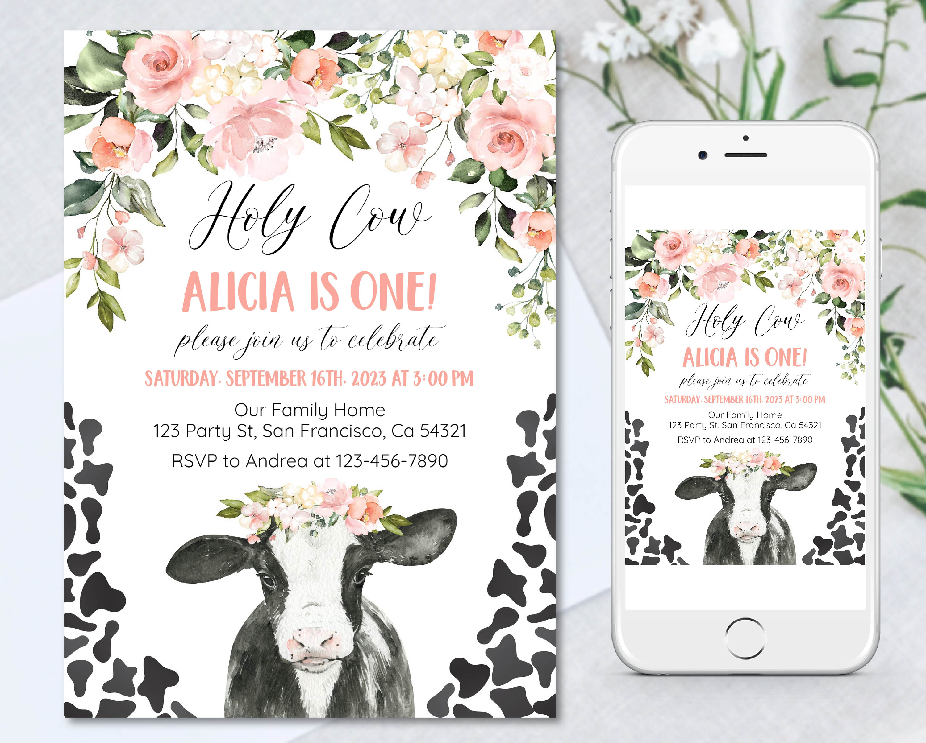 Editable Holy Cow Birthday Invitation Template, Cow Party Invite, Holy ...