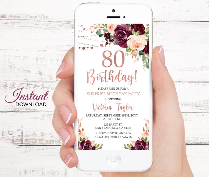 Editable 80th Birthday Invitation For Women Any Age Rose Gold Floral