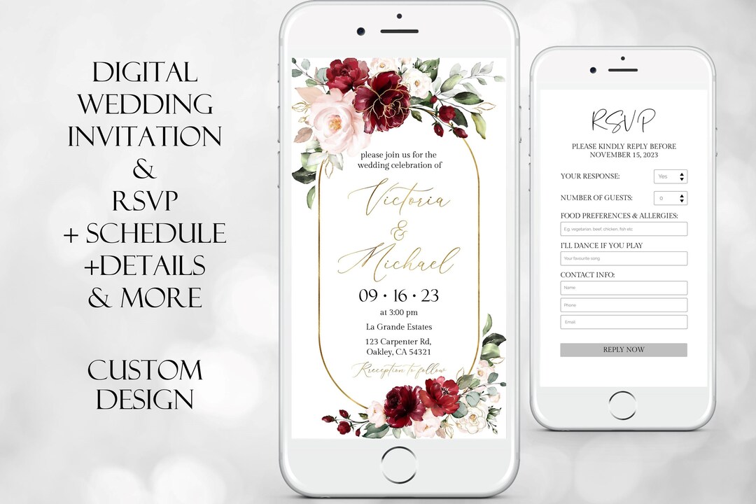 Personalized Digital Wedding Invitation and Rsvp Burgundy and Gold ...
