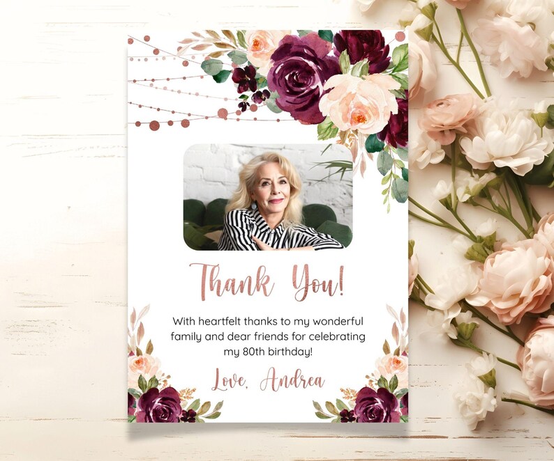 Editable Birthday Thank You Card With Photo, Any Age Rose Gold Floral ...