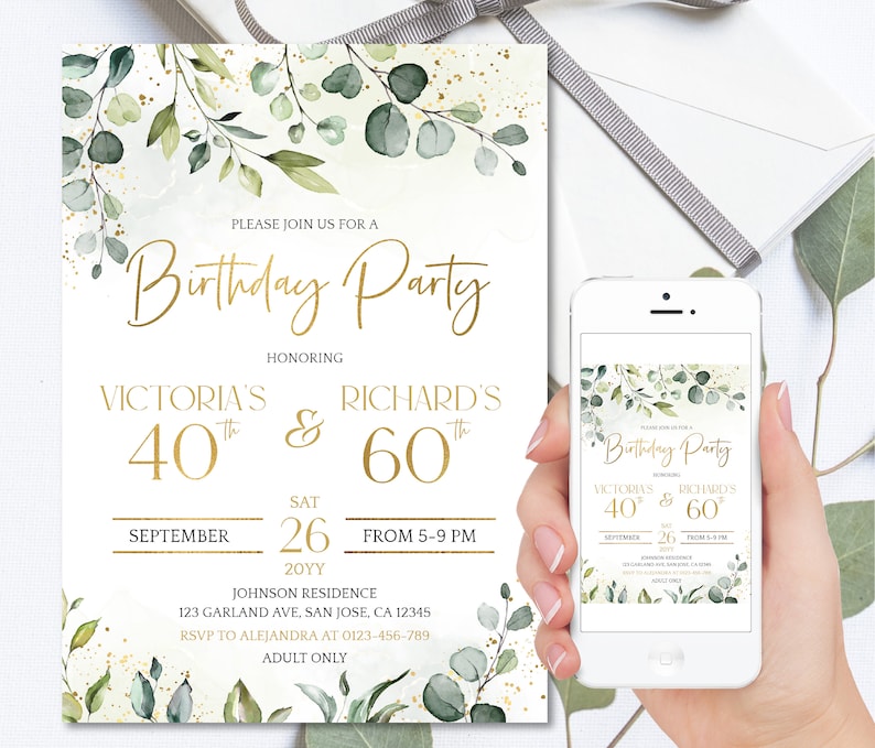 Adult Dual Joint Birthday Invitation Combined Birthday Party Double ...