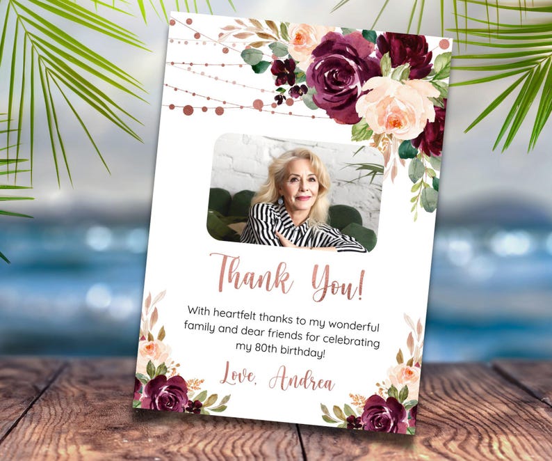 Editable Birthday Thank You Card With Photo, Any Age Rose Gold Floral ...