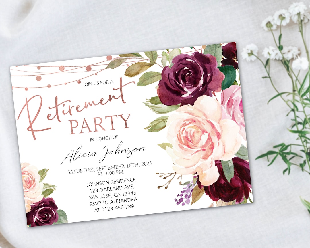 Retirement Party Invitation for Women, Burgundy Blush Pink Floral ...