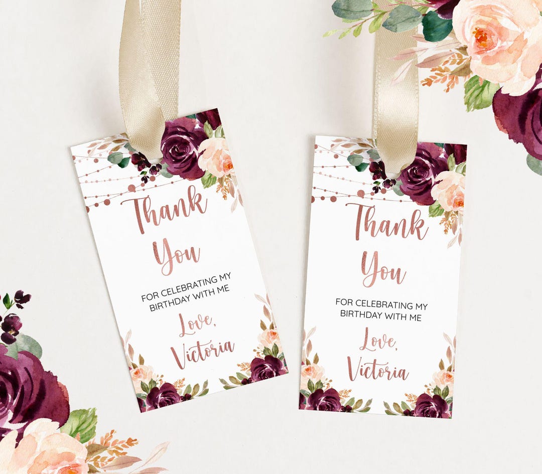 Editable Birthday Thank You Tag Template Rose Gold Floral Gift Tag ...