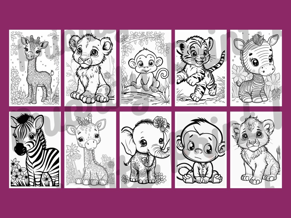 10 Baby Safari Animal Coloring Pages, Digital Download Coloring Book ...