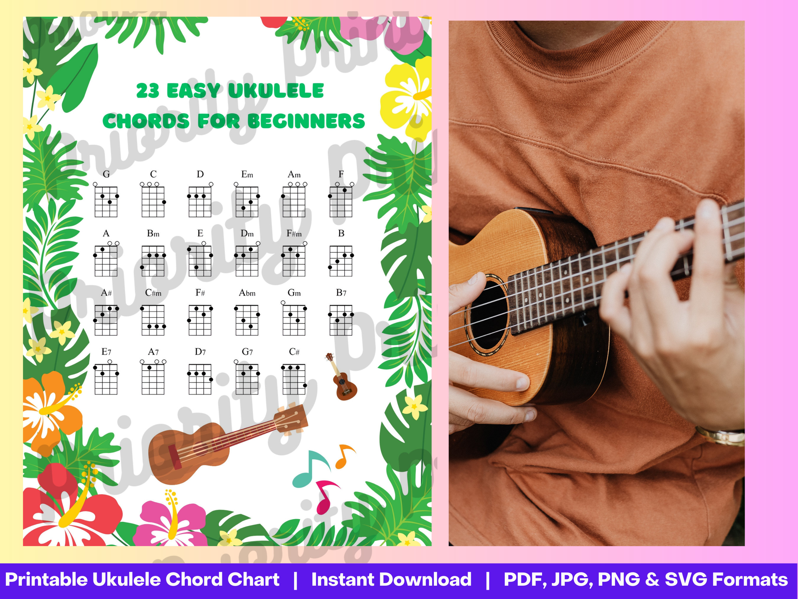 Beginner Ukulele Chords, Easy Uke Chords, Chart, Poster, Instant ...