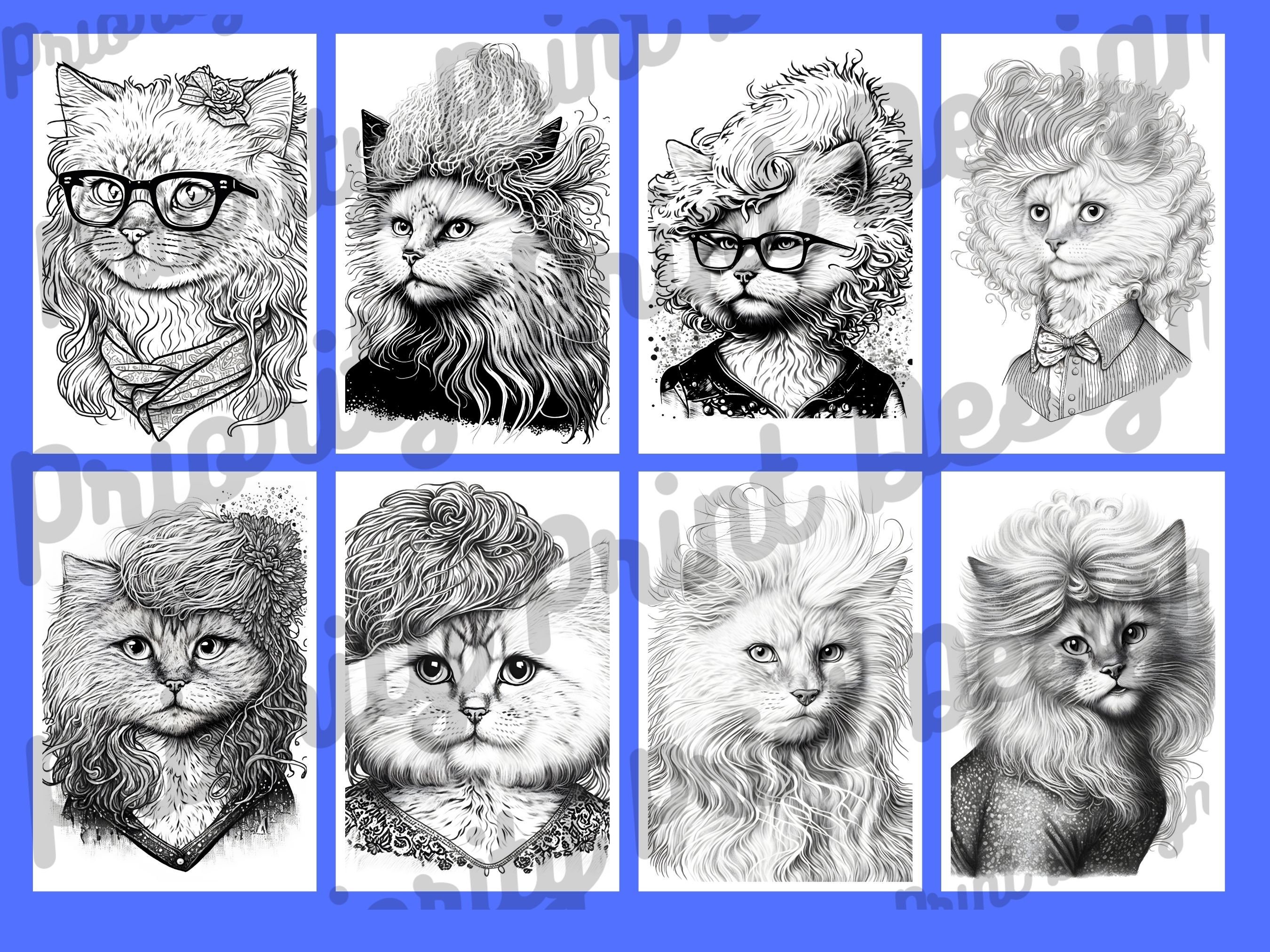 10 Cat Wearing Wigs Printable Coloring Book Pages Downloadable Digital ...