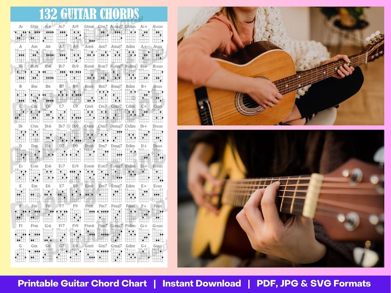 132 Guitar Chords Printable Chart, Song Key, Chord Structure, Music ...