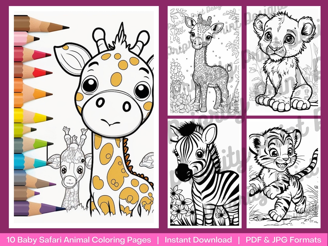 10 Baby Safari Animal Coloring Pages, Digital Download Coloring Book ...