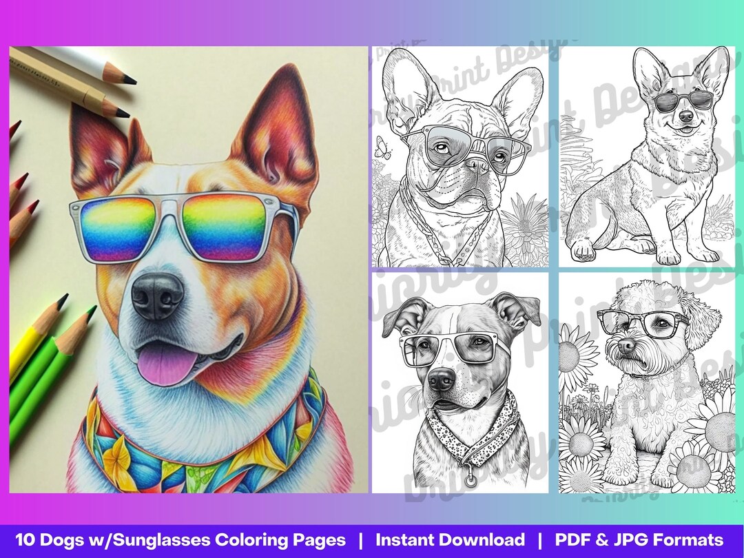 10 Dogs Wearing Sunglasses Printable Coloring Book Pages Downloadable ...