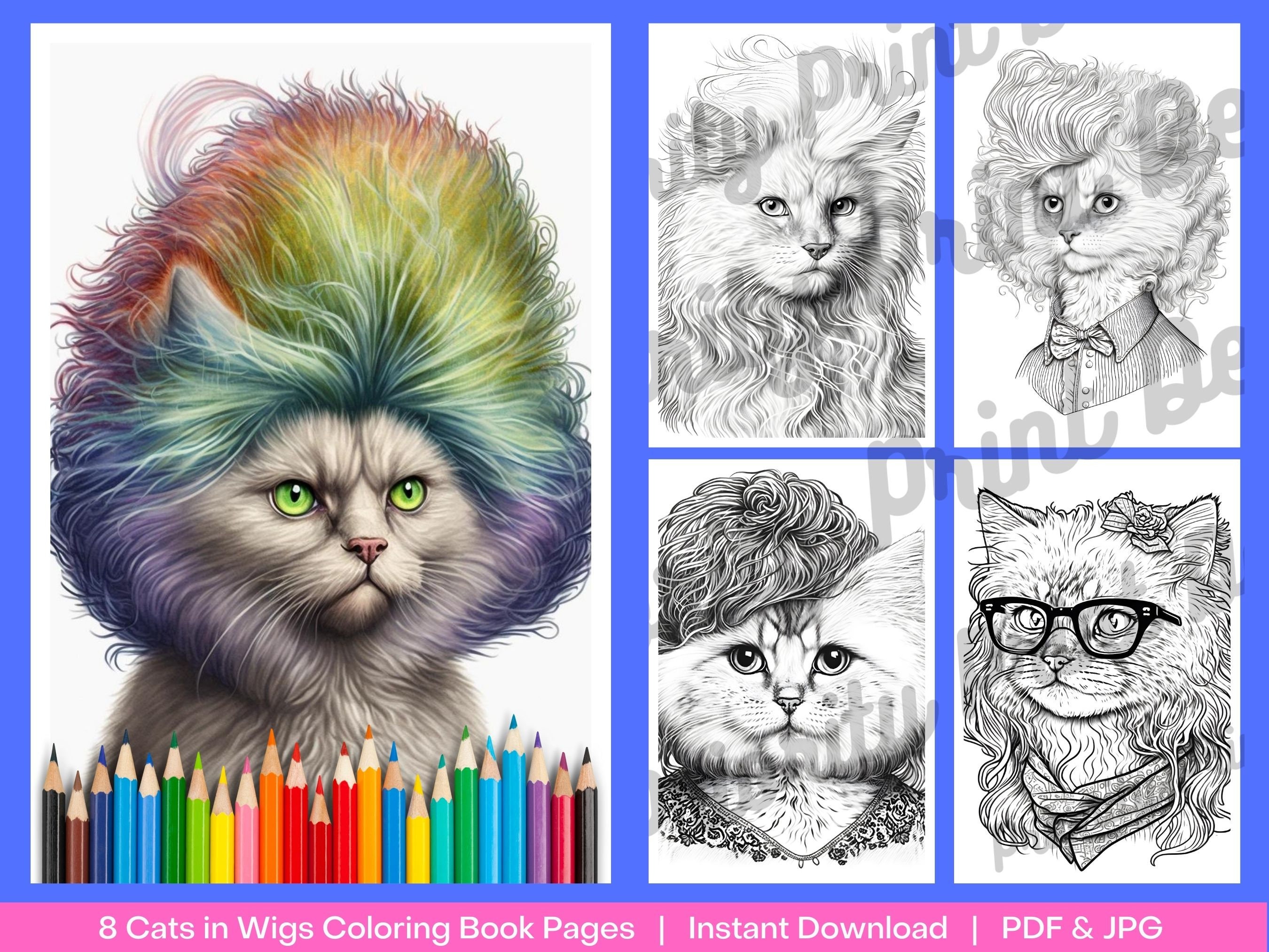 10 Cat Wearing Wigs Printable Coloring Book Pages Downloadable Digital ...