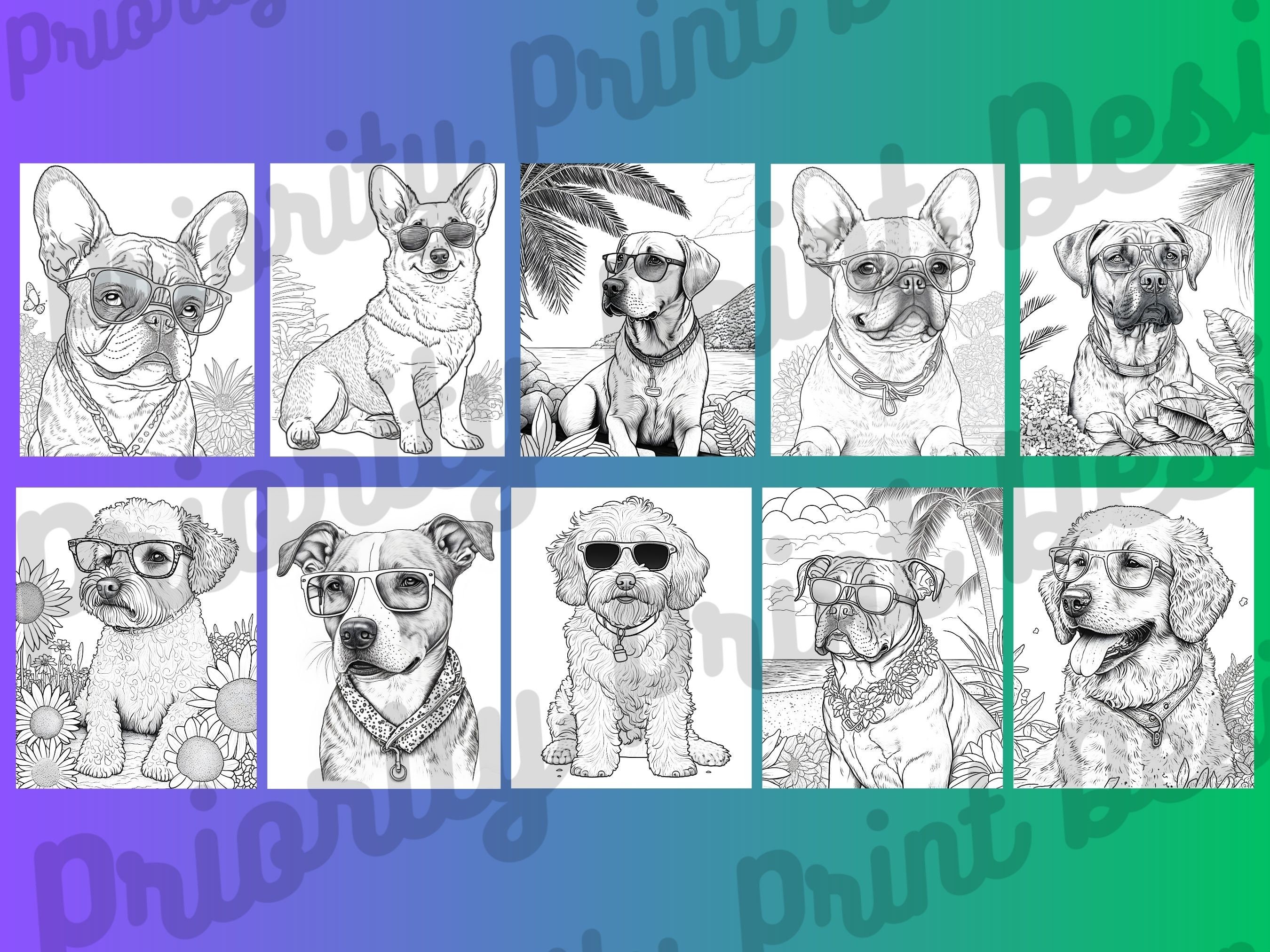 10 Dogs Wearing Sunglasses Printable Coloring Book Pages Downloadable ...