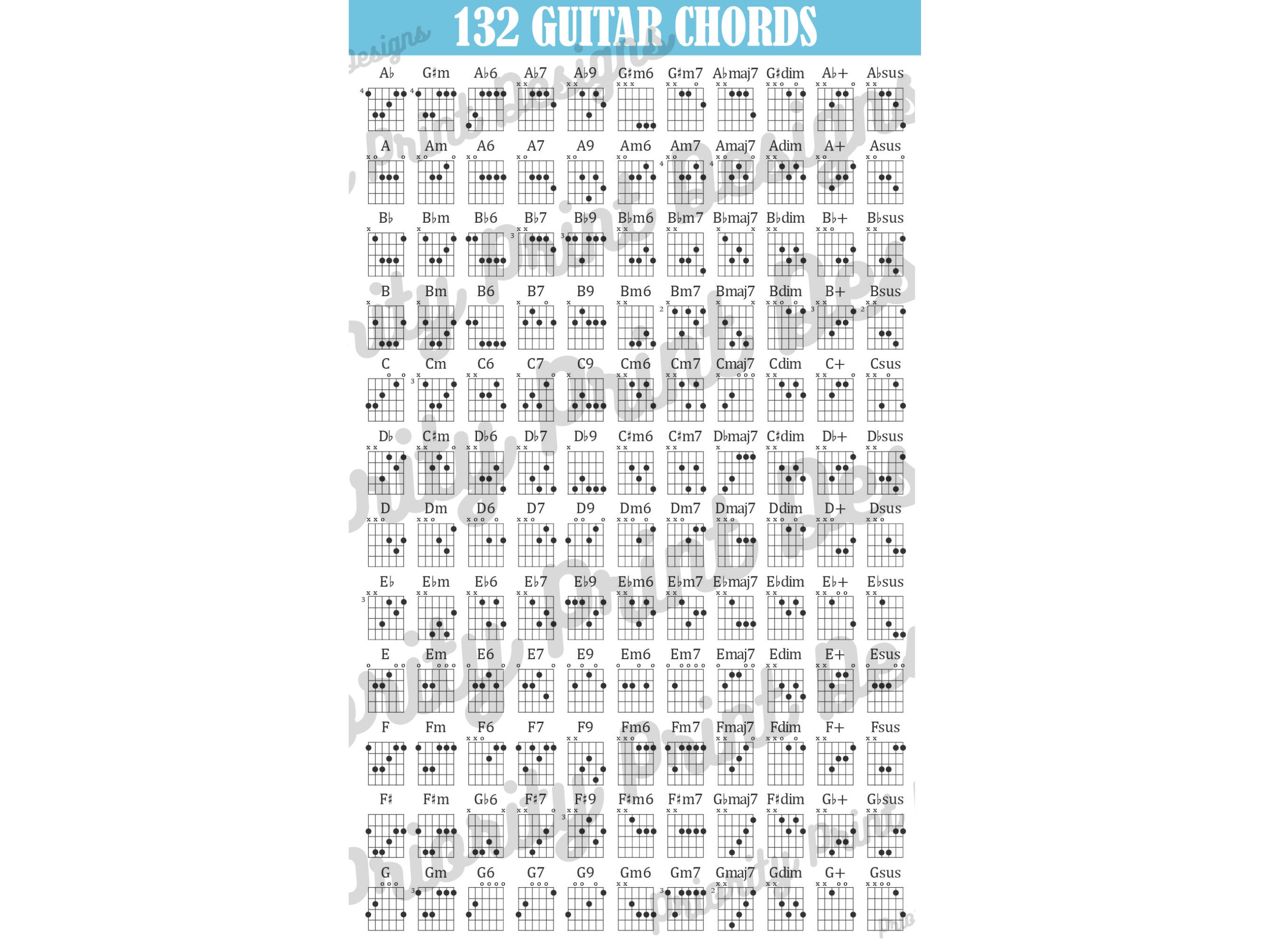 132 Guitar Chords Printable Chart, Song Key, Chord Structure, Music ...