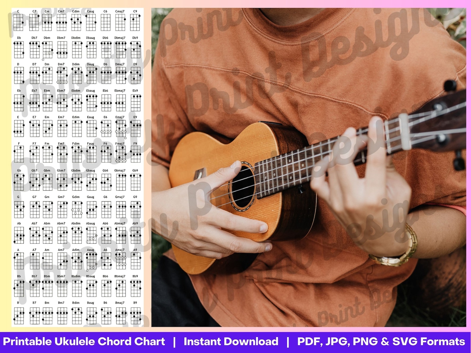 Printable Ukulele Chord Chart, Print, Fretboard Notes, Son Key, Student ...