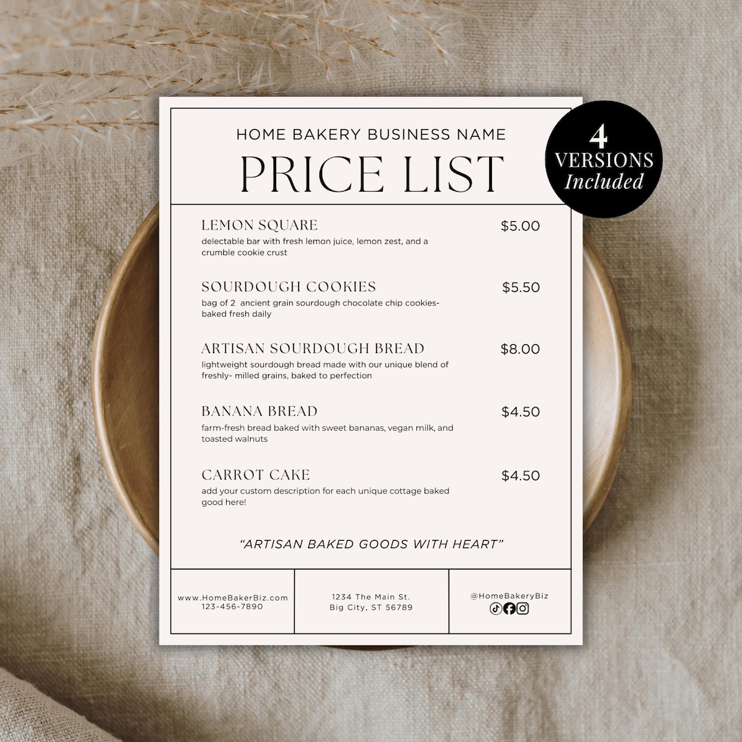 Minimalist Price List Template| Editable Cottage Food Price List| Home ...