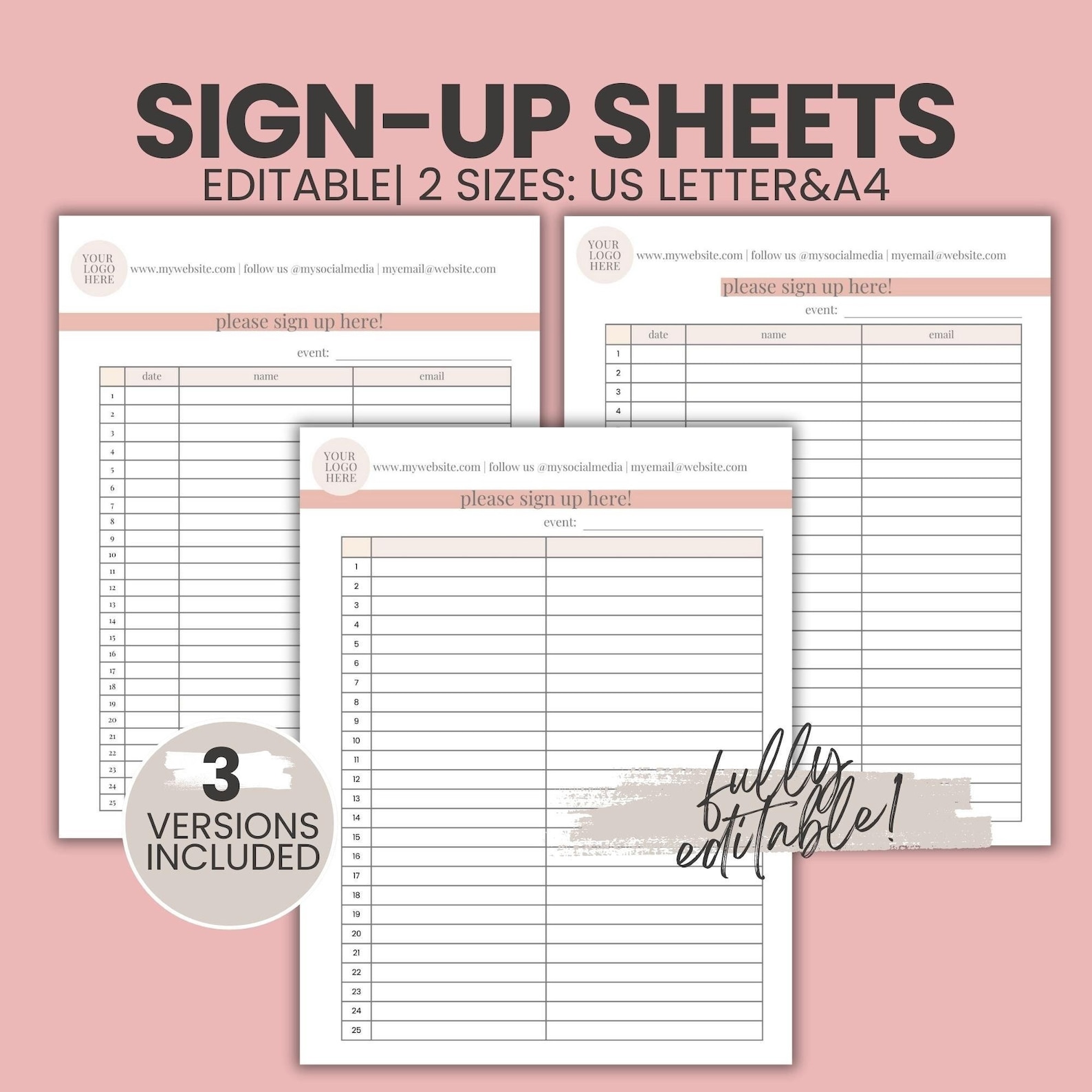 Editable Sign-up Sheet| Sign up Sheets| Email Sign-up Sheet Template ...