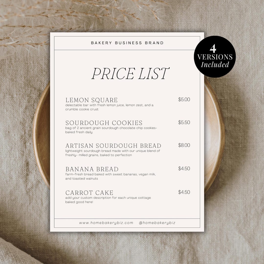 Minimalist Price List Template| Editable Cottage Food Price List| Home ...