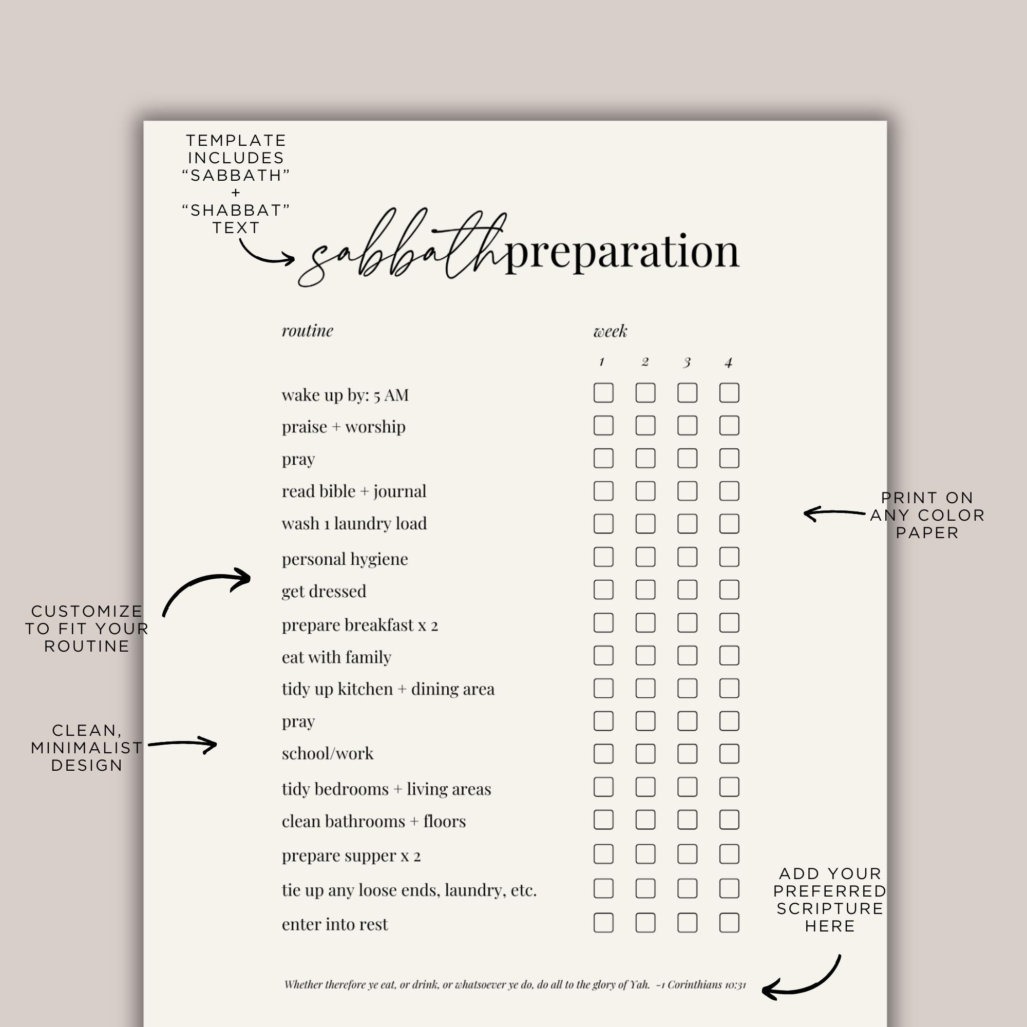 Editable Sabbath Prep Routine Checklist| Shabbat Rest Preparation Day ...