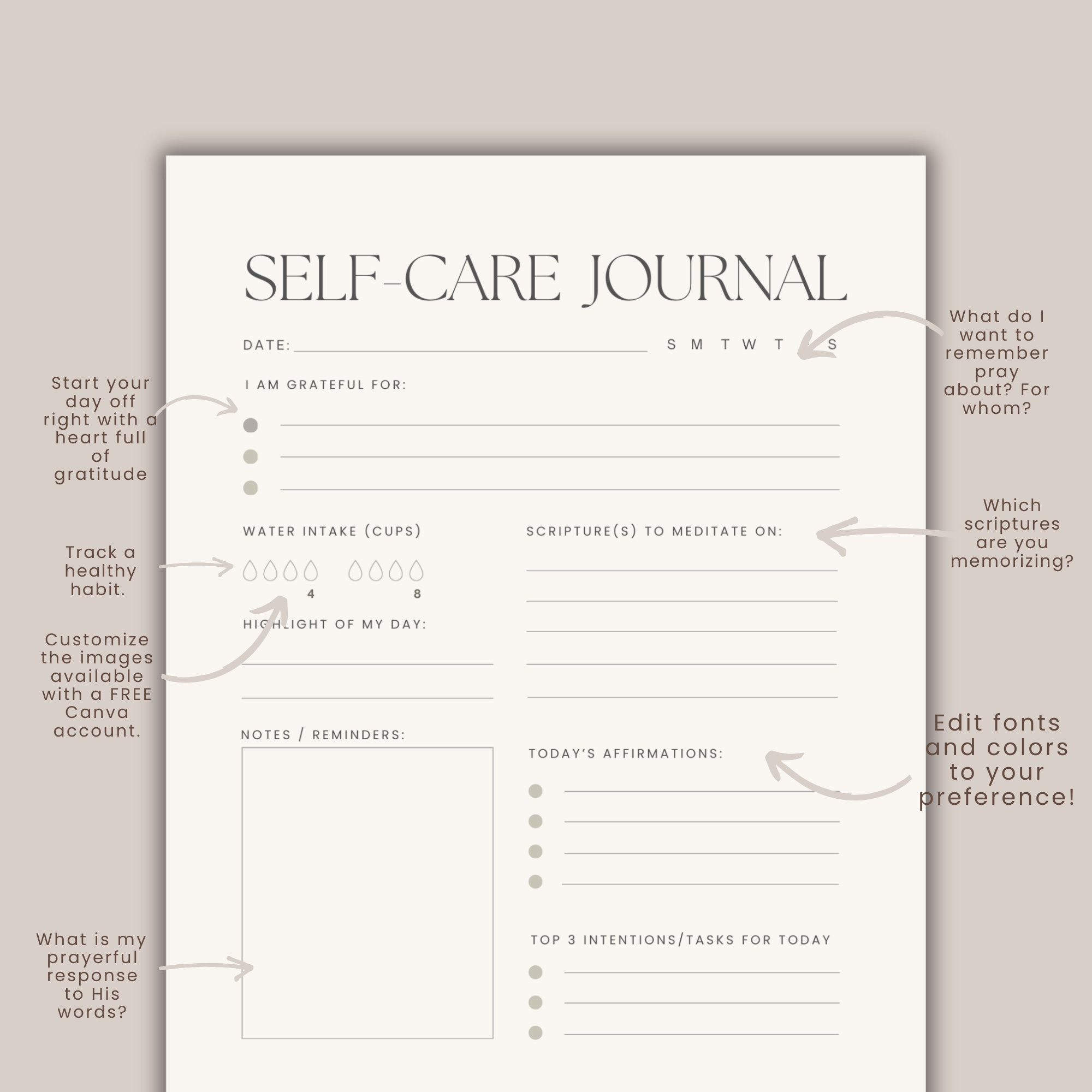 Editable Self Care Journal Gratitude Journal for Christian Daily Self ...