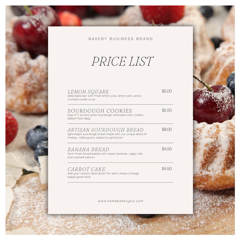 Minimalist Price List Template| Editable Cottage Food Price List| Home ...