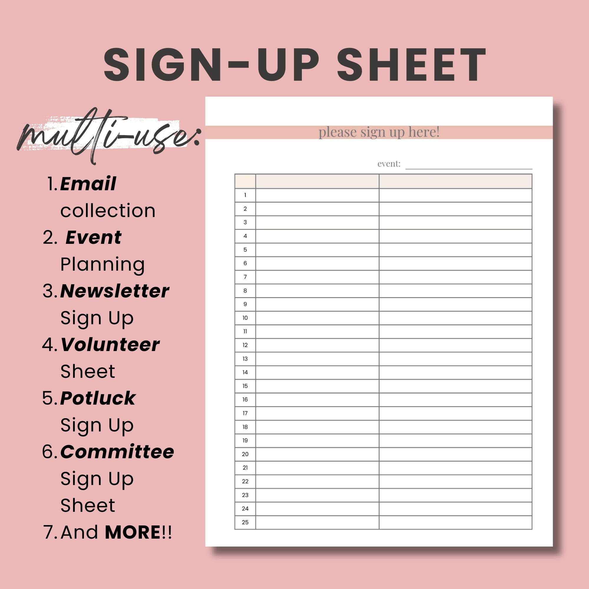 Sign-up Sheet Event Planning Sign up Form Email Newsletter - Etsy