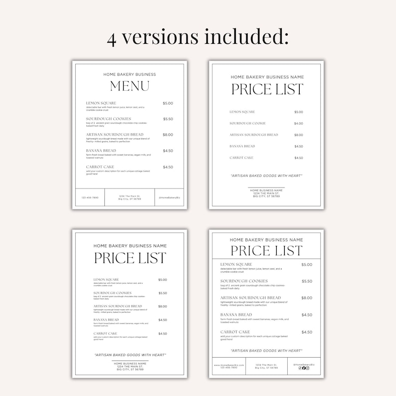 Minimalist Price List Template| Editable Cottage Food Price List| Home ...