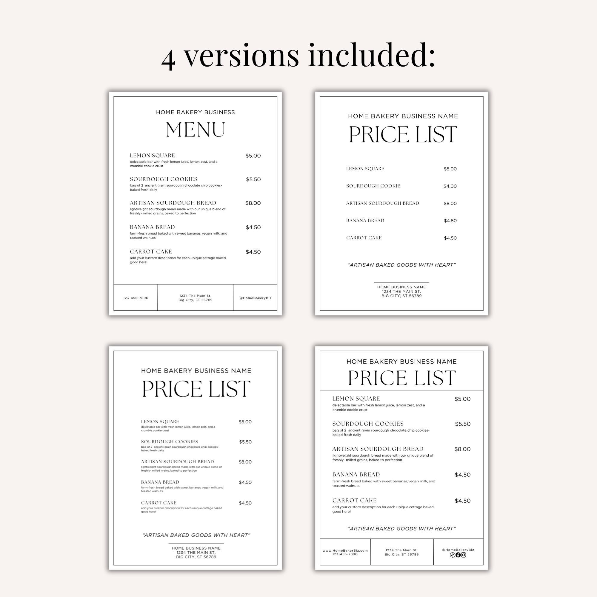 Minimalist Price List Template| Editable Cottage Food Price List| Home ...
