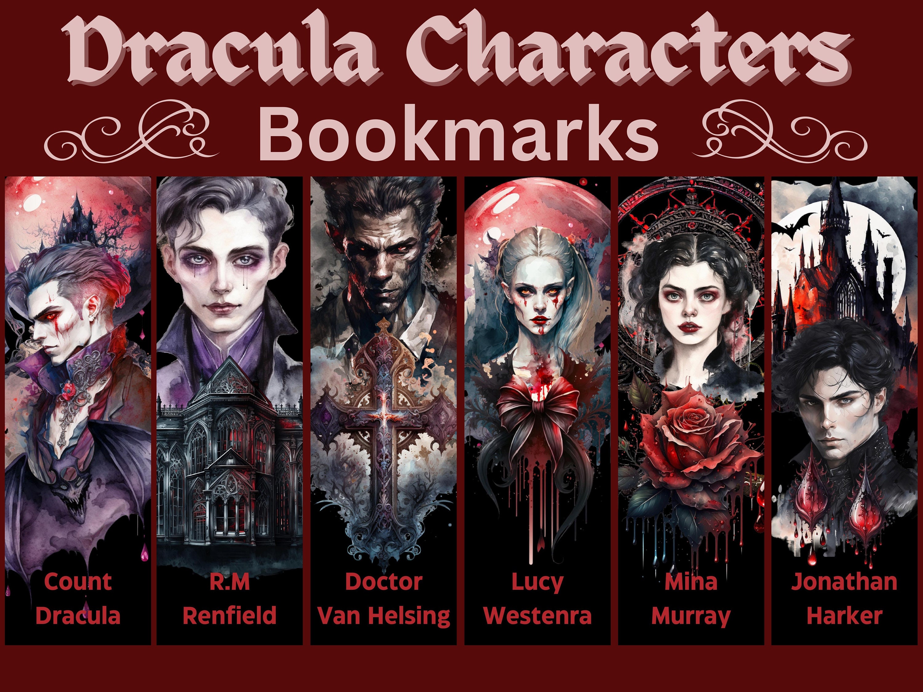 Gothic Dracula Characters Bookmarks Digital Paper Gothic - Etsy