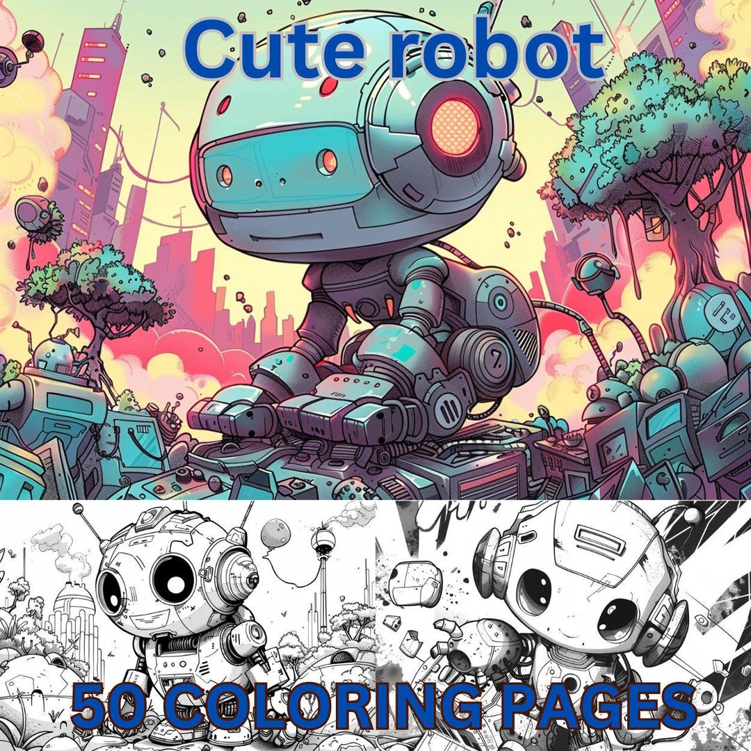 25 Cute Robot Coloring Pages Adults and Kids Coloring Book, Digital ...