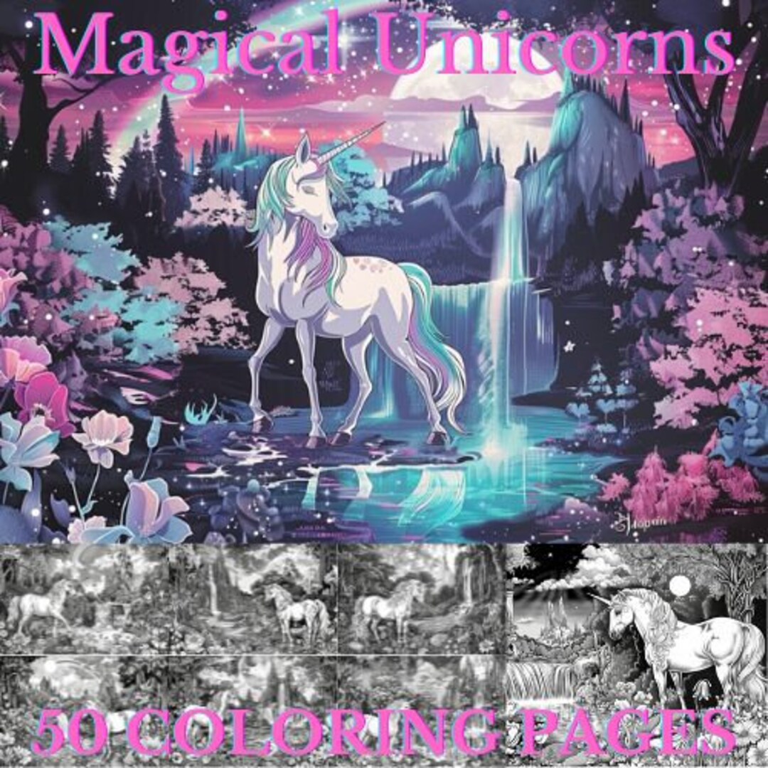 50 Magical Unicorns Coloring Pages Adults and Kids Coloring Book ...