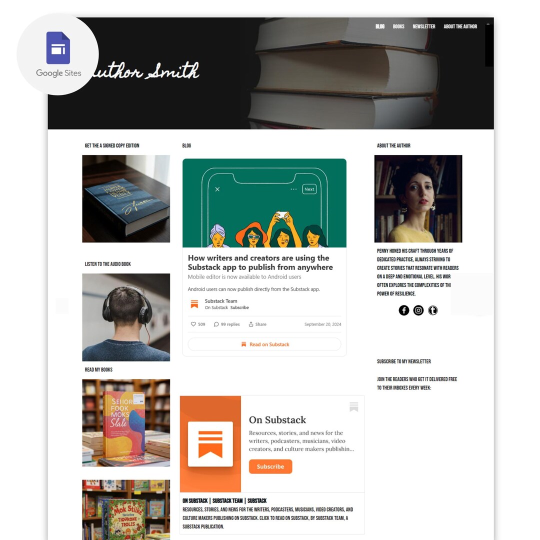 Google Sites Template for Authors - Modern | Substack & Subscribe ...