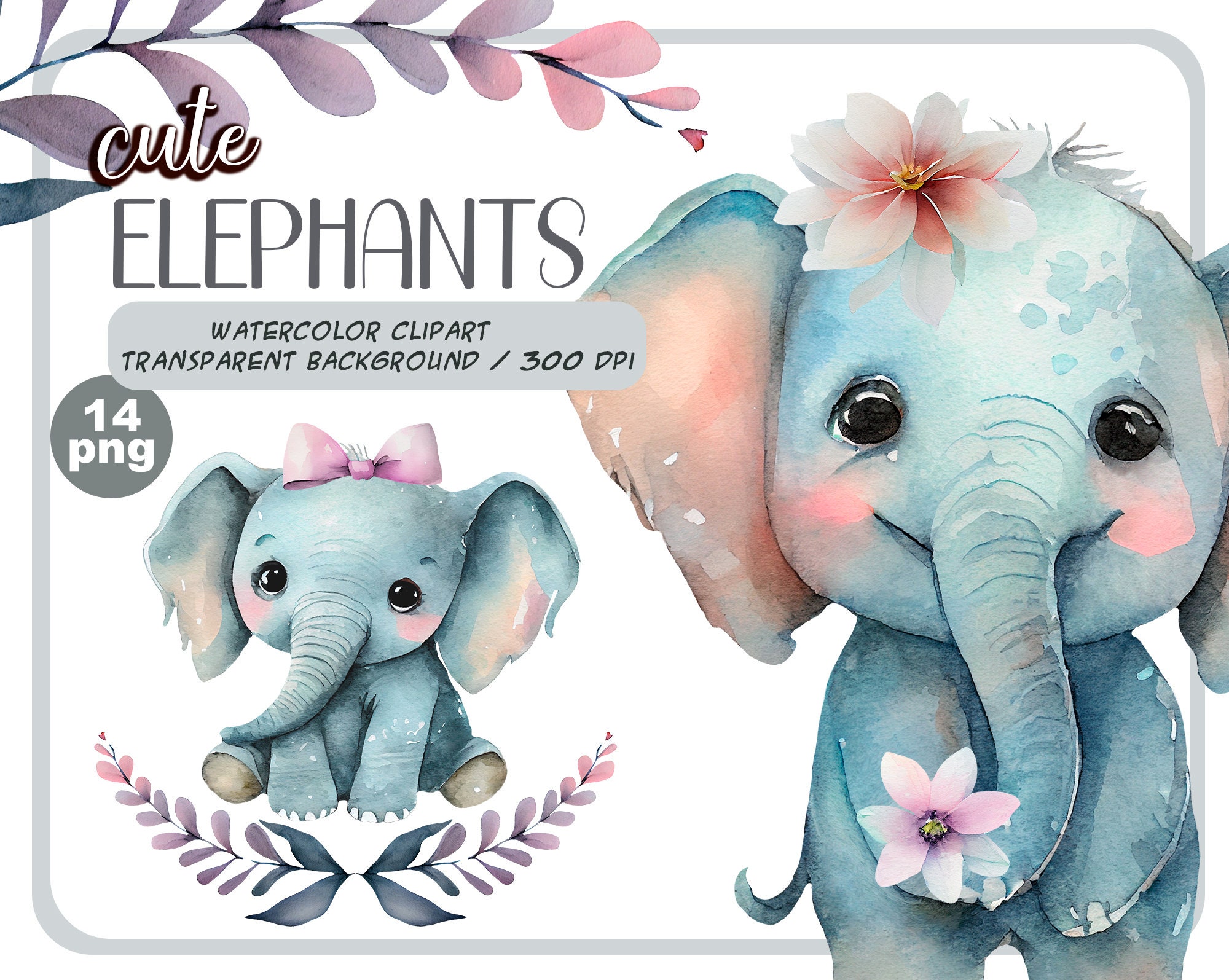 Watercolor Cute Baby Elephants Clipart-realistic Elephant With Flower ...