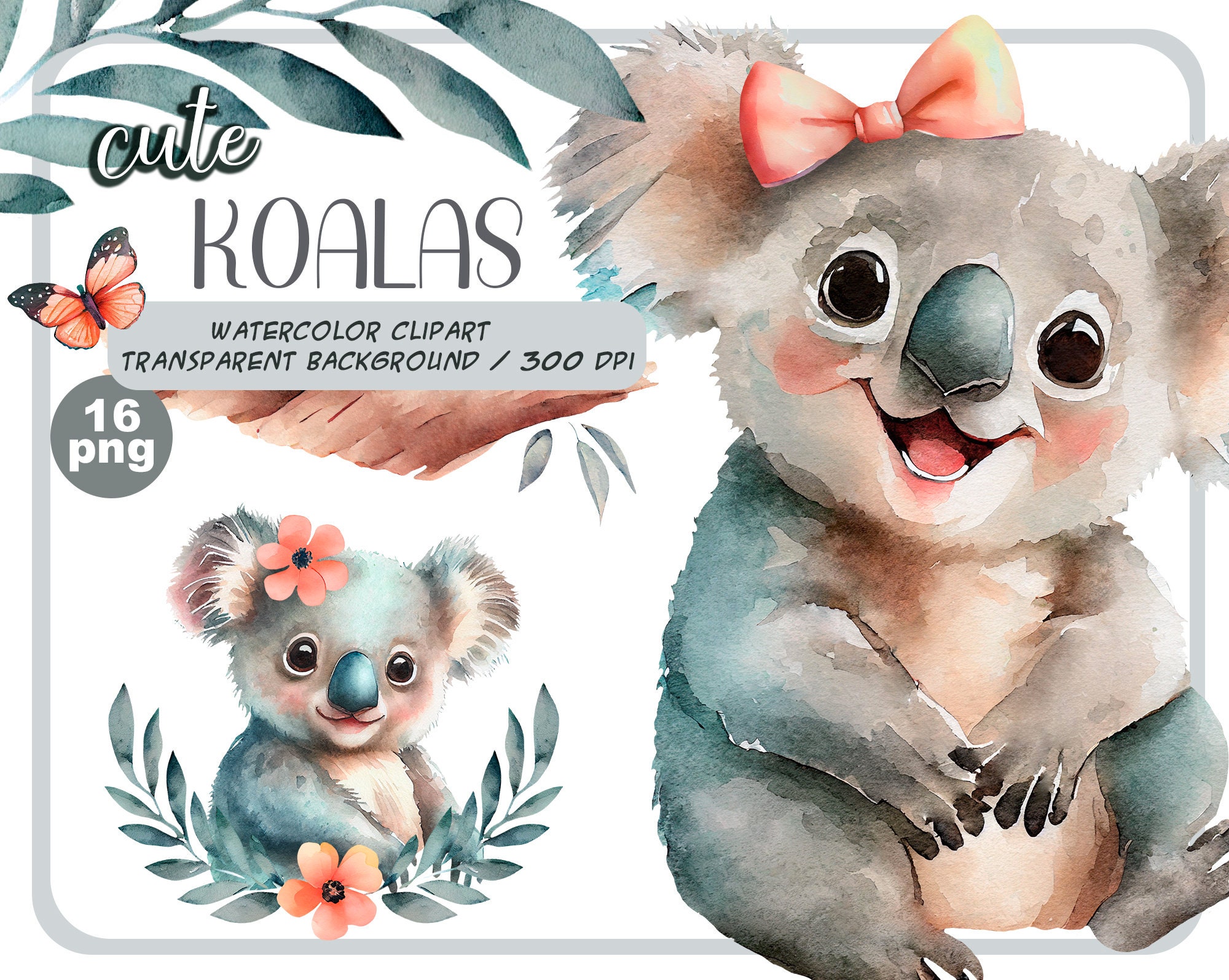 Watercolor Cute Baby Koalas Clipart-realistic Koala With Flower ...