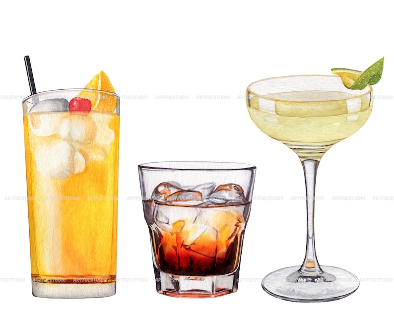 Watercolor Cocktails Clipart Signature Cocktails Alcoholic Drinks Clipart Summer Tropical