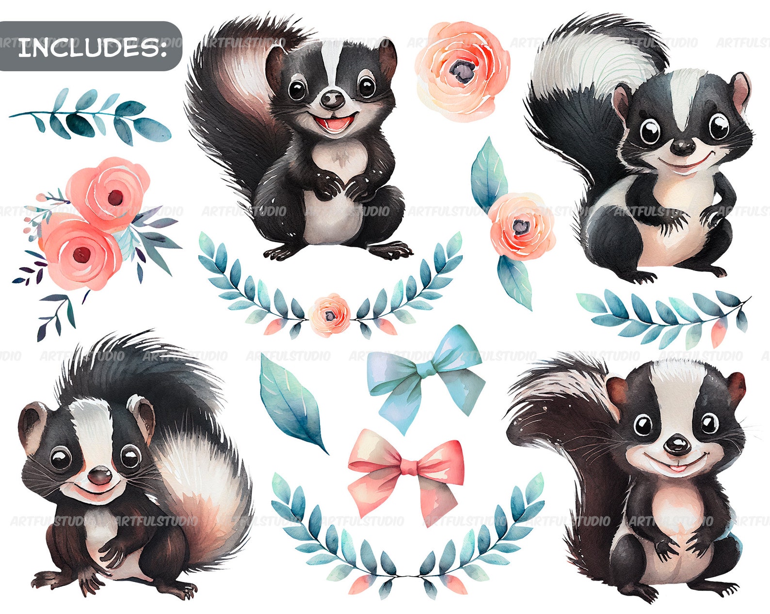 Watercolor Cute Baby Skunks Clipart-realistic Skunk With Flower-baby ...