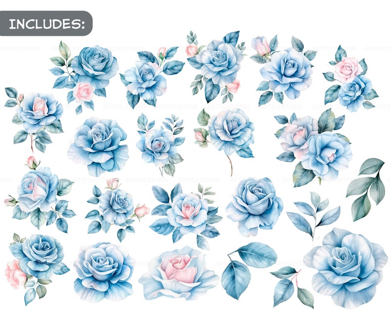 Watercolor Blue Delicate Roses Clipart Flower Illustration Floral ...