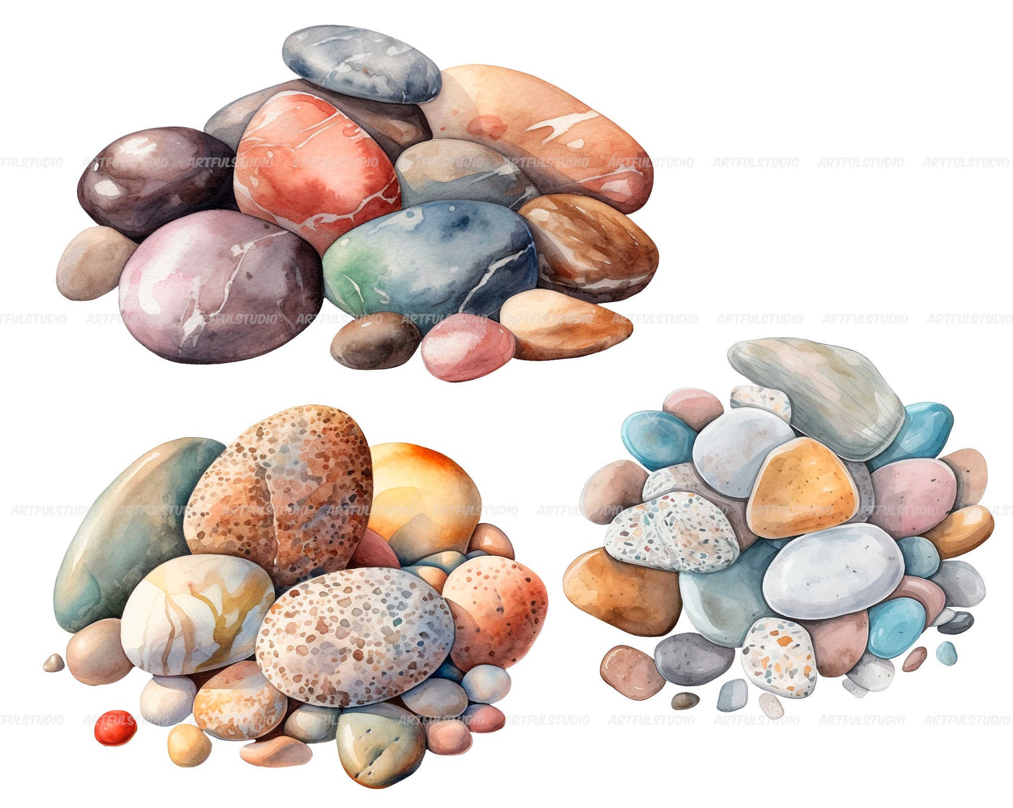 Watercolor Beach Pebbles Clipart: Stone Graphics (PNG Digital Download ...
