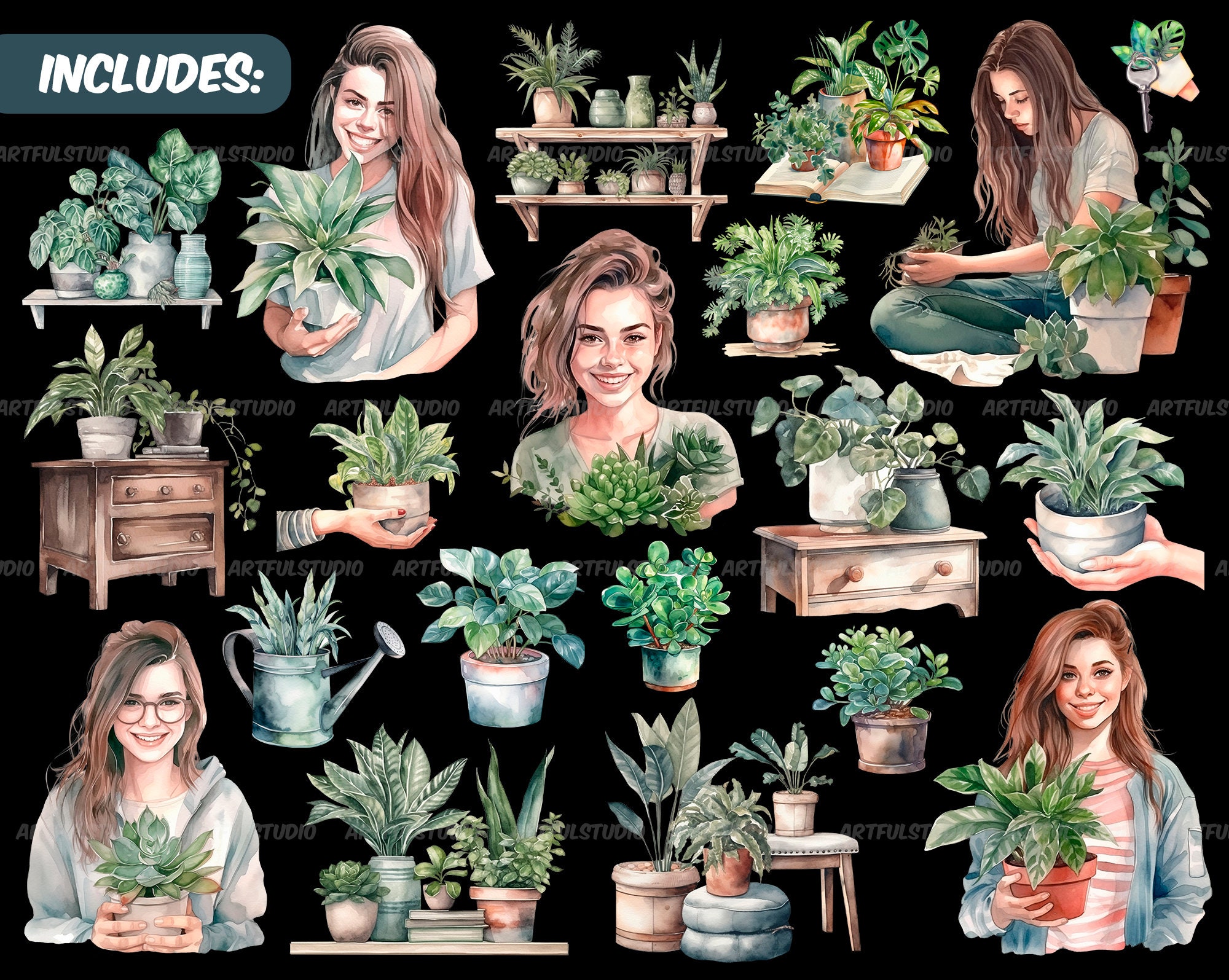 Watercolor Plant Lover Clipart Cute Succulents & Home Plants Png-potted ...