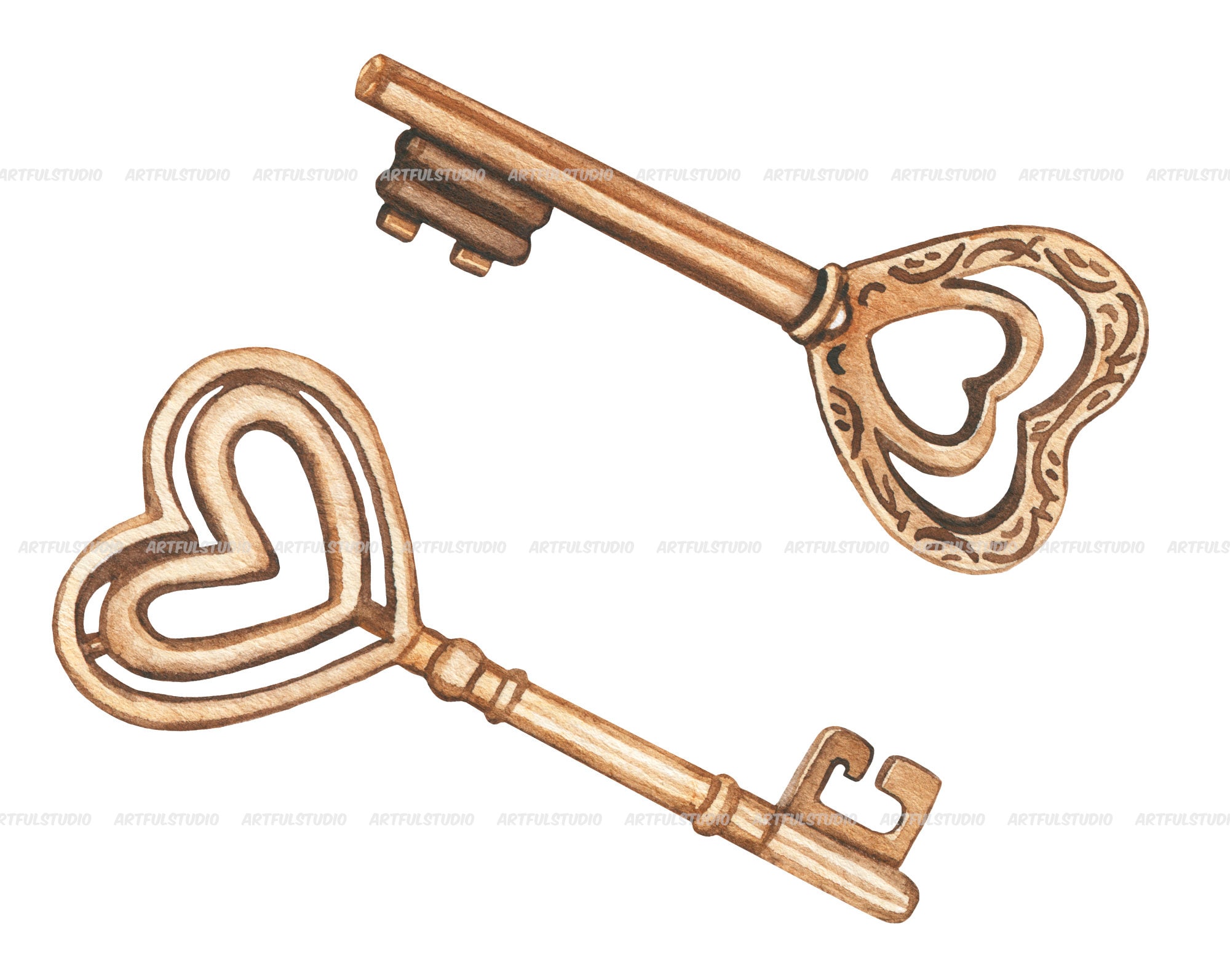 Watercolor Vintage Heart Keys and Locks Clip Art-bronze Antique Keys ...