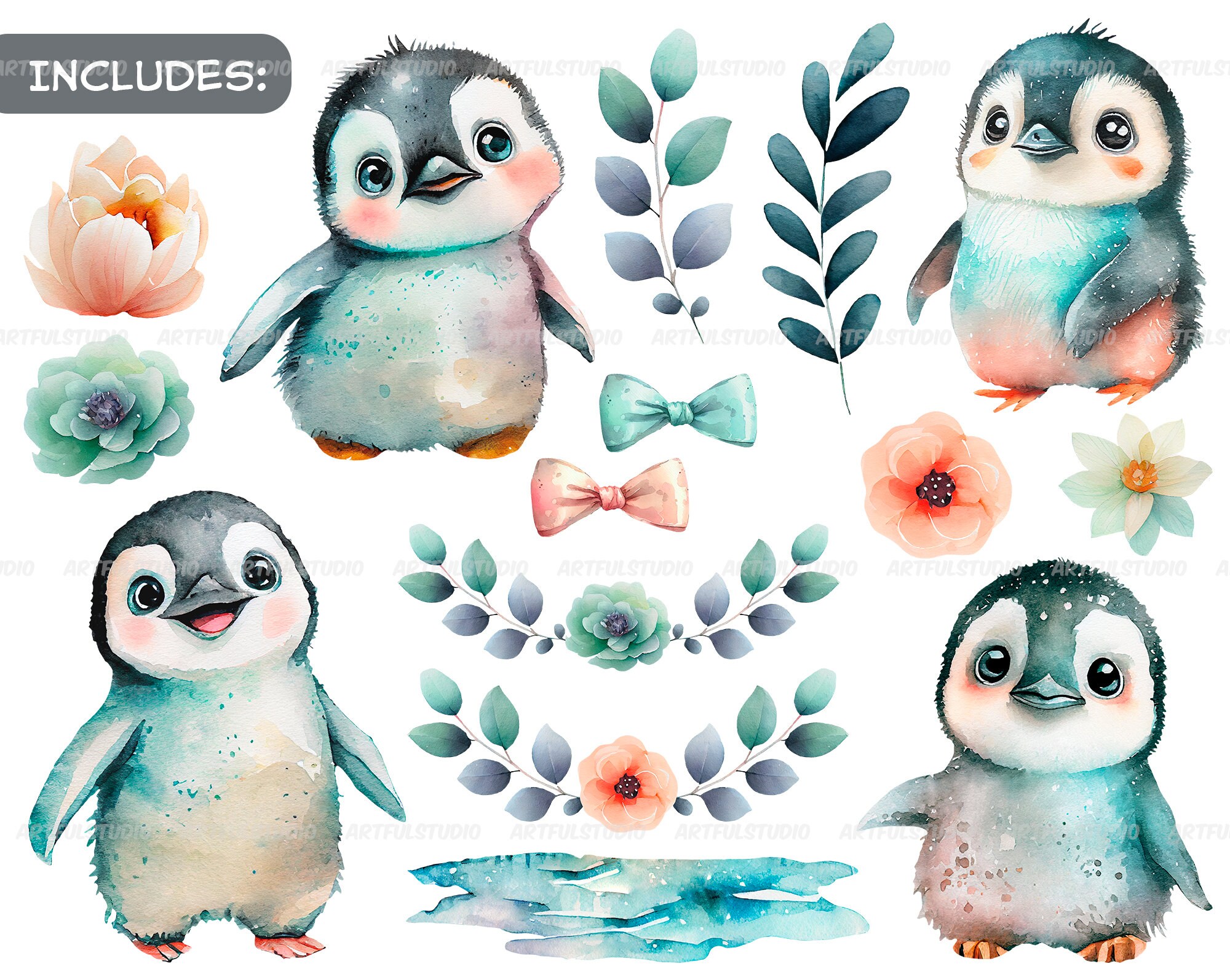 Watercolor Cute Baby Penguins Clipart-realistic Penguin With - Etsy