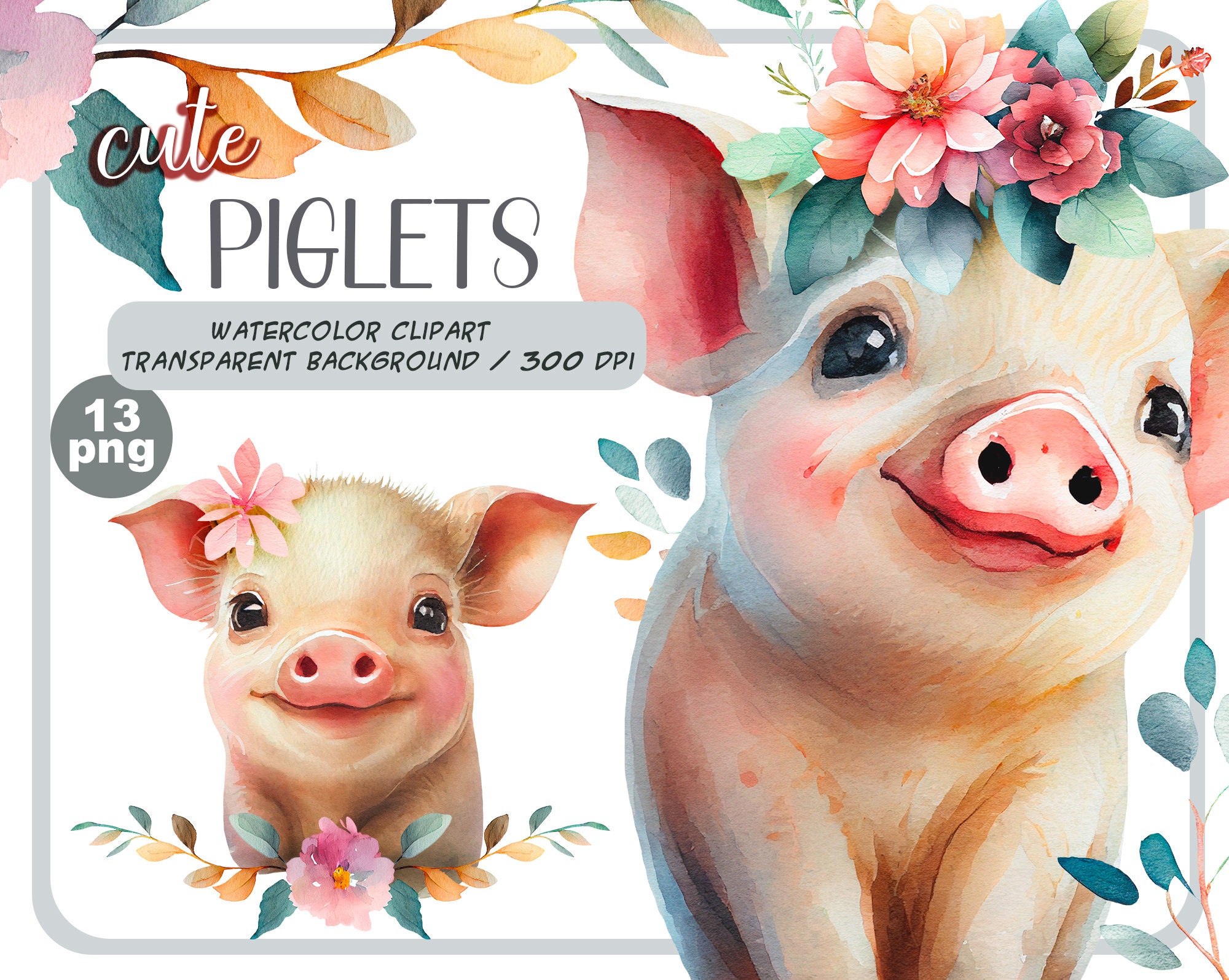 Watercolor Cute Baby Piglets Clipart-realistic Pigs With Flower ...
