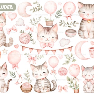 Watercolor Cute Baby Cat Clipart - Cartoon Kittens Party Decor - Baby ...